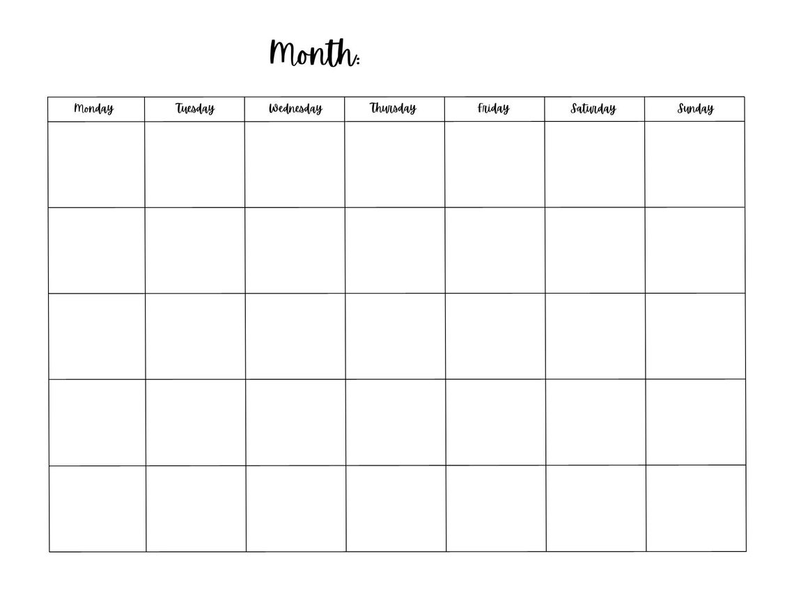 Blank Minimal Calendar Template, 11 X 8.5 Inches, Horizontal Printable ...