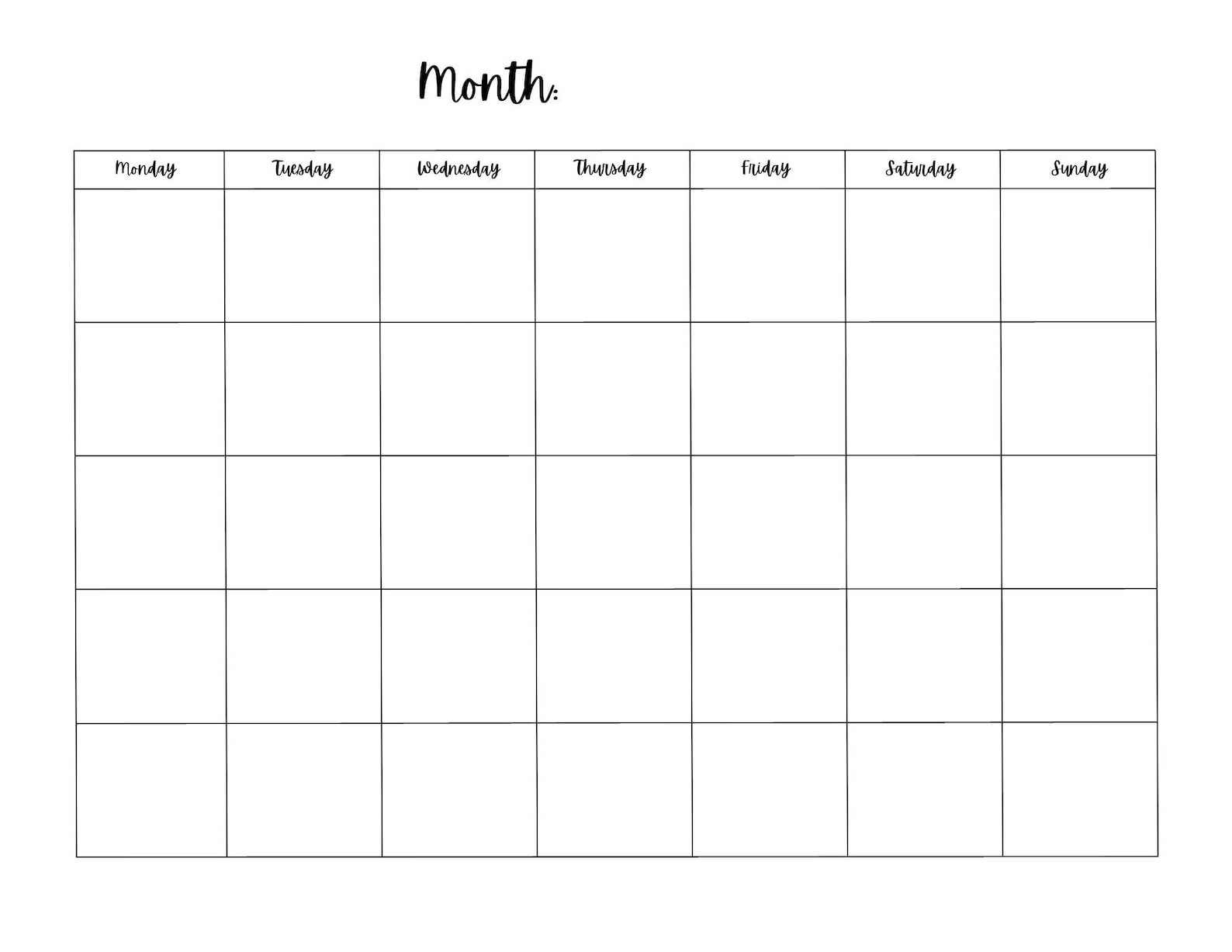 Blank Minimal Calendar Template, 11 X 8.5 Inches, Horizontal Printable ...