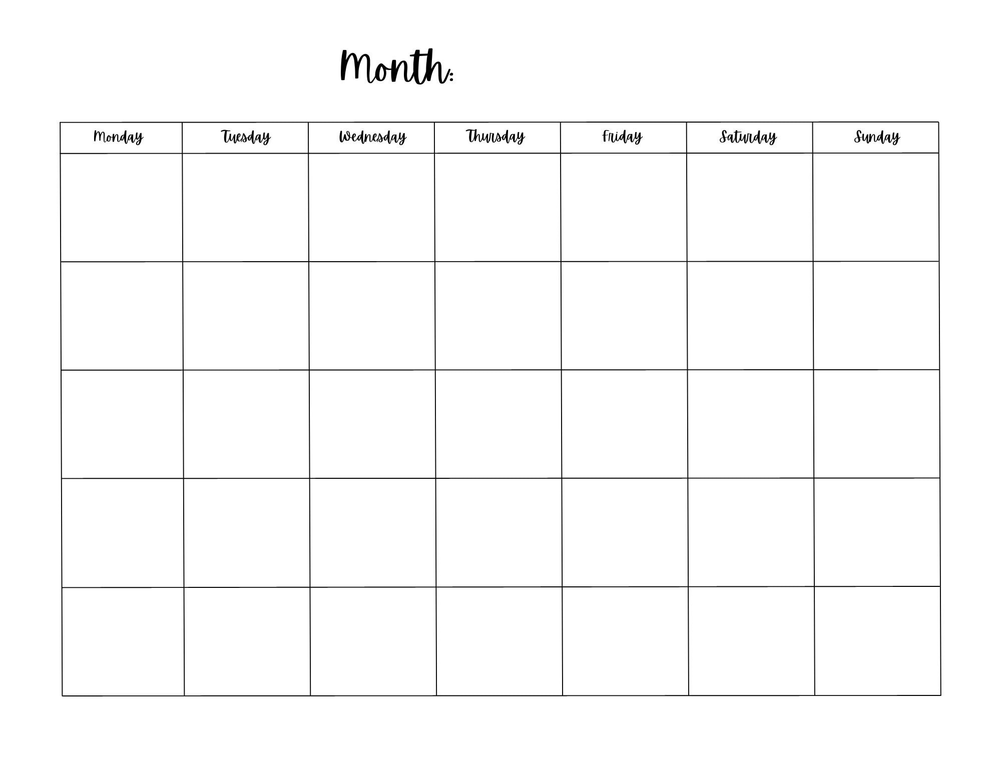 Blank Minimal Calendar Template, 11 X 8.5 Inches, Horizontal Printable ...