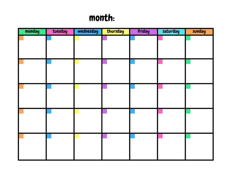 Colourful Blank Calendar Template, 11 X 8.5 Inches, Horizontal ...