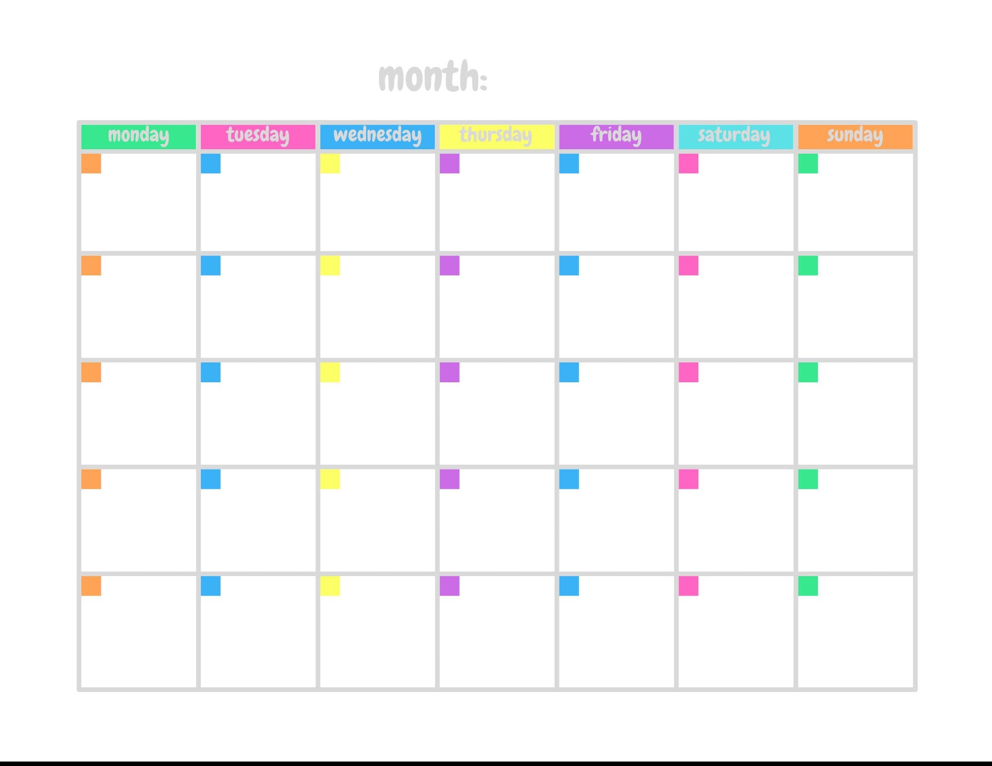 Colourful Blank Calendar Template, 11 X 8.5 Inches, Horizontal ...