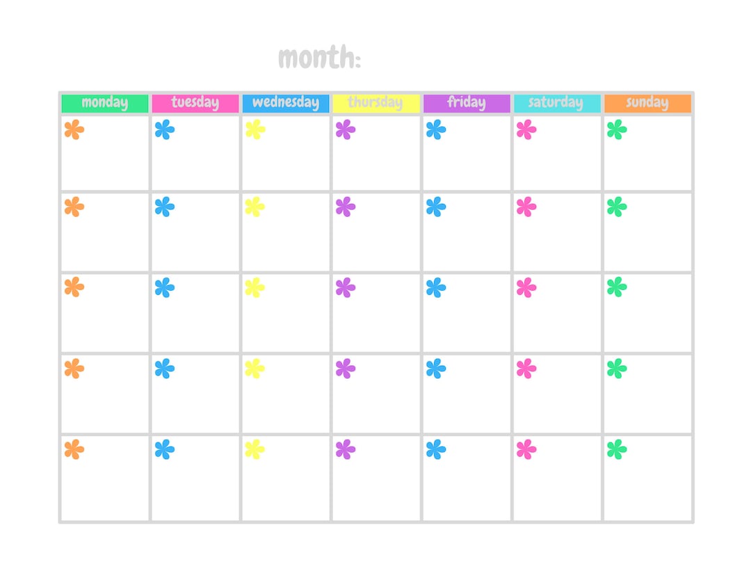 Colourful Flowers Blank Calendar Template, 11 X 8.5 Inches, Horizontal ...