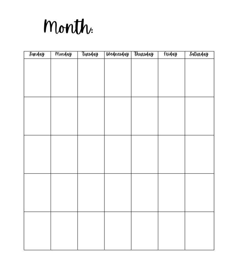 Sunday Start Blank Calendar Template, 8.5 X 11 Inches, Vertical ...