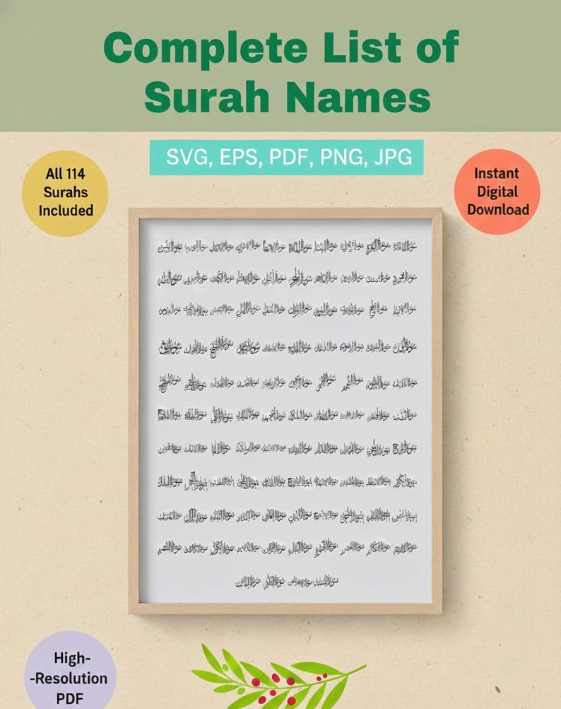 All Surah Names of Quran | 114 Surah Names Arabic | Islamic Wall Art ...