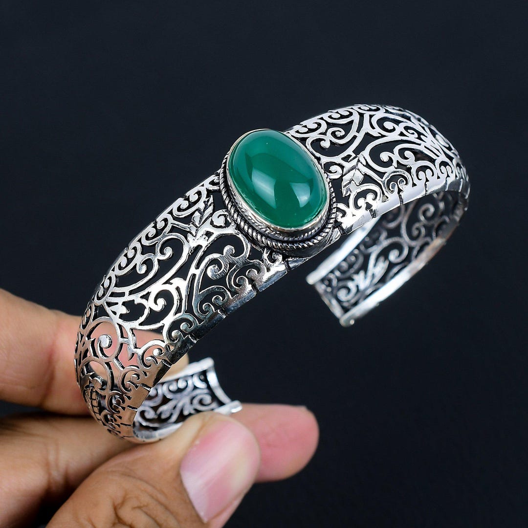 Green Onyx Cabochon Cuff Bracelet, Sterling Silver Handmade Bangle - Etsy