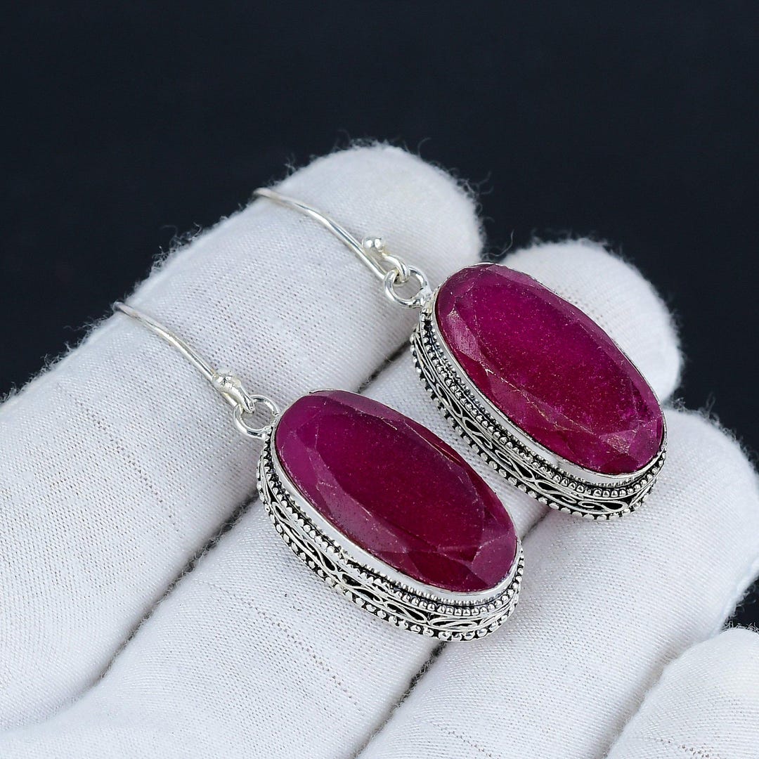 Kashmir Ruby Gemstone Earrings, 925 Solid Sterling Silver Earrings ...