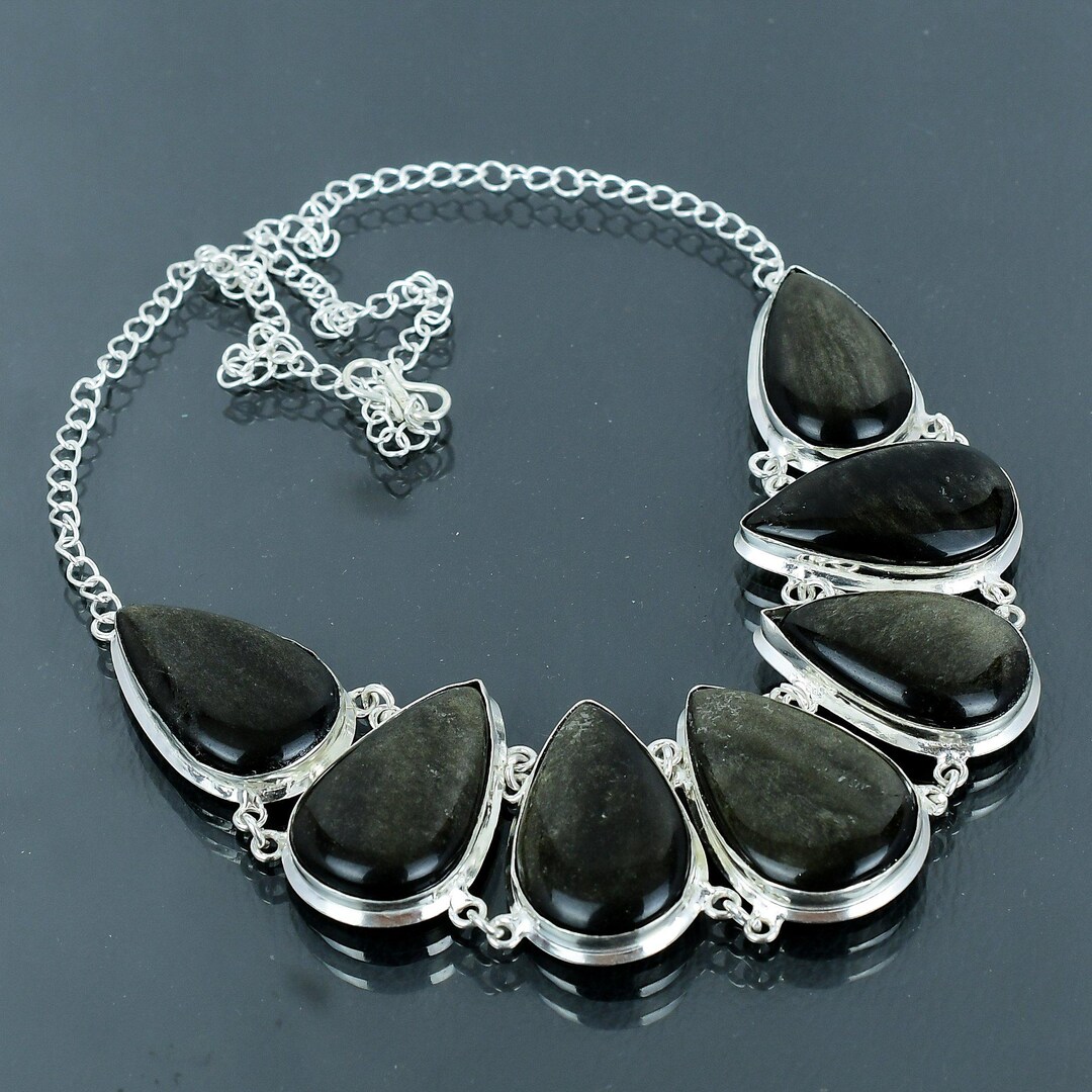 Gold Obsidian Necklace 925 Sterling Silver Necklace Women Necklace ...