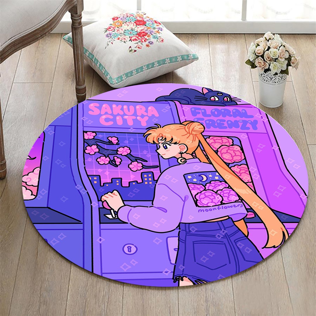 Sakura City, Anime Rug, Floral Round Rug, Animal Rug, Kids Room Rug ...