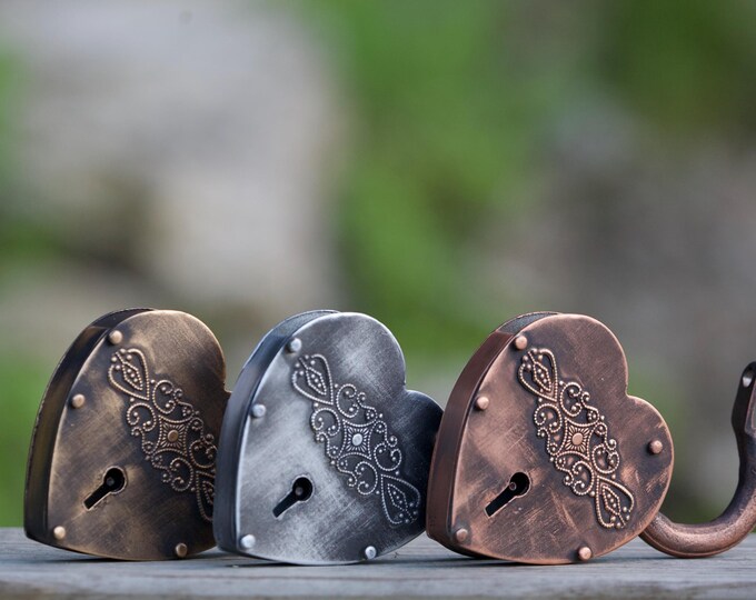 Set Vintage Love Heart Forever PADLOCK With SKELETON Keys Solid Brass ...