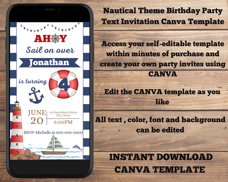Nautical Electronic Invitation Canva Template, Nautical Party, Ahoy ...