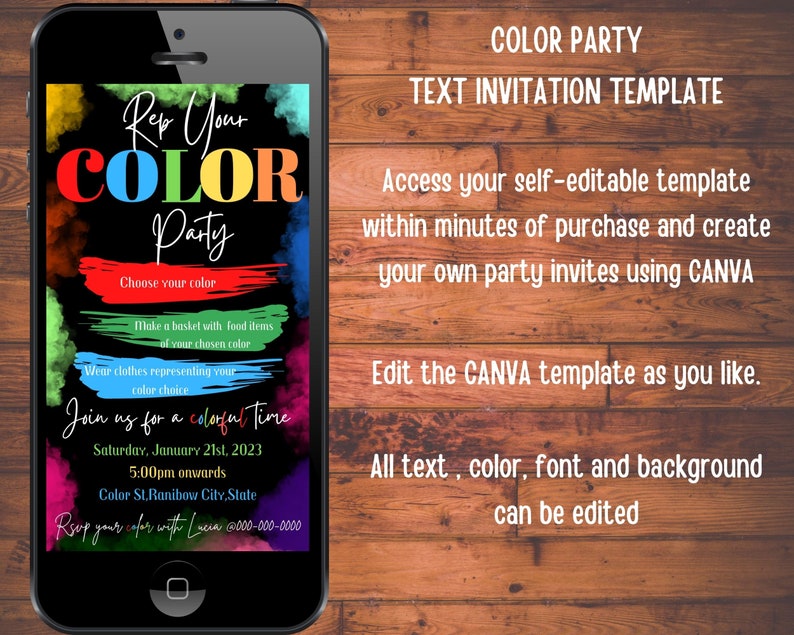 Color Party Invitation, Editable Template Online, Rainbow Party ...