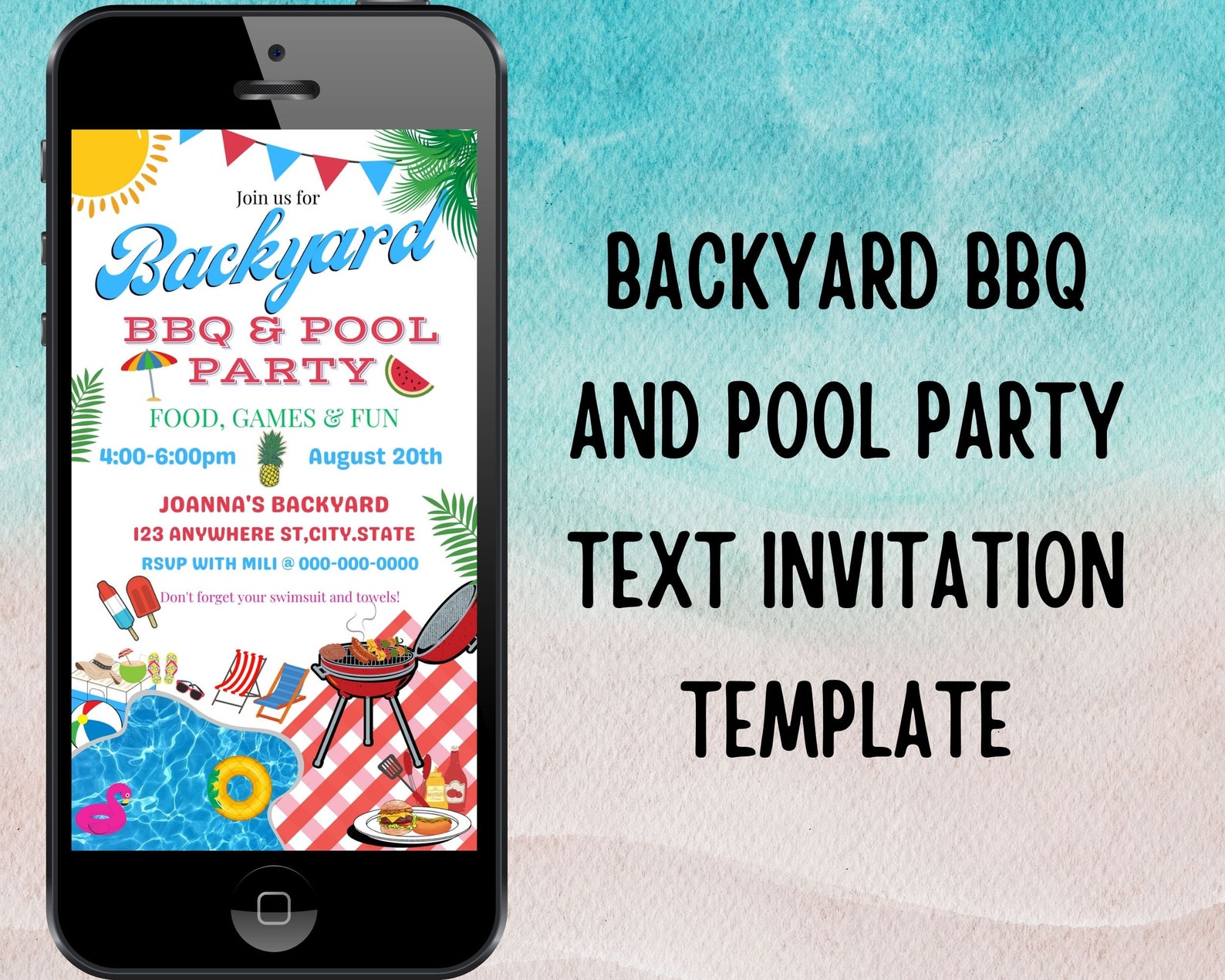 BBQ and Pool Party Invitation Canva Template, Editable Instant Download ...
