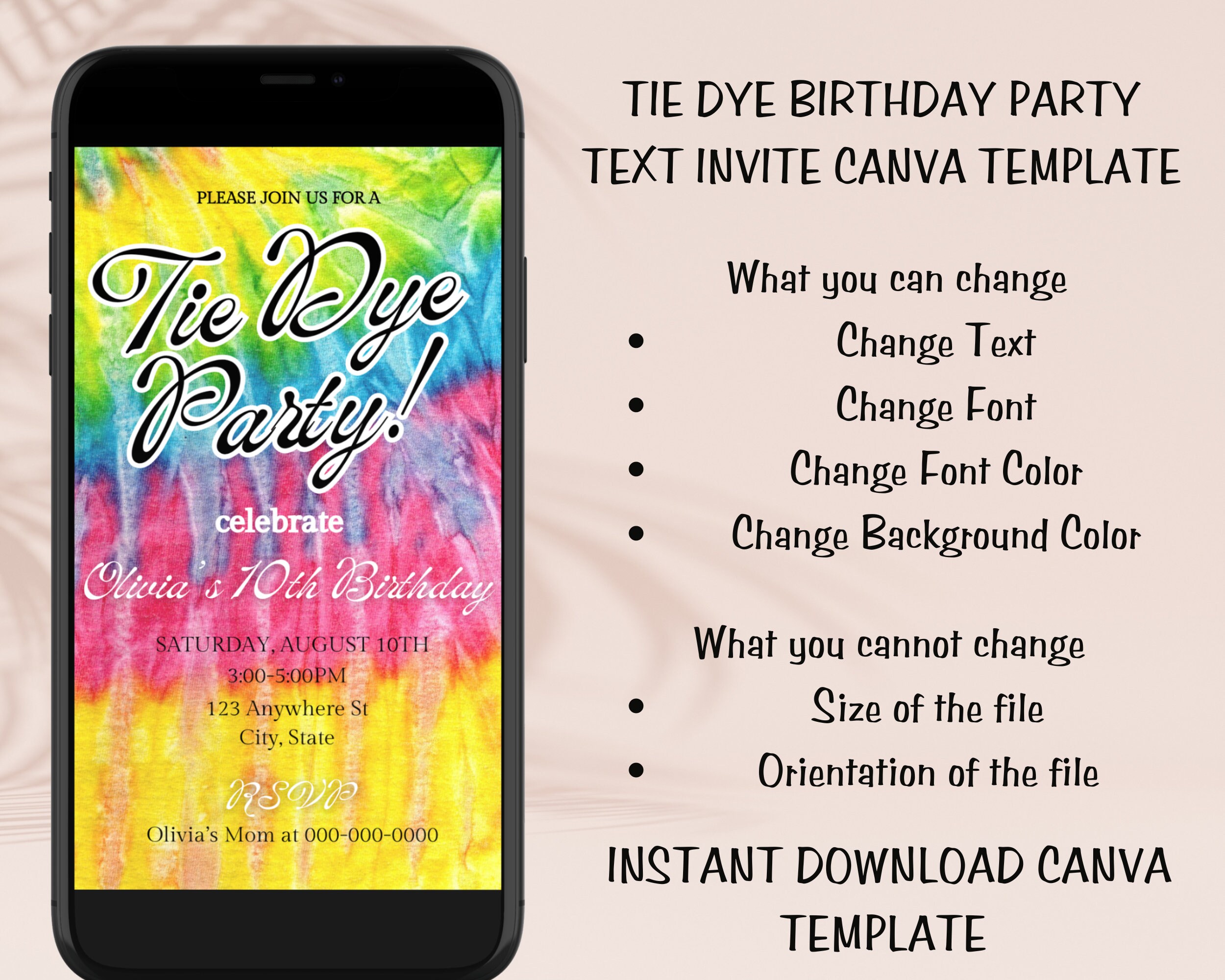 Tie Dye Party Digital Invitation Template Rainbow Editable Instant ...