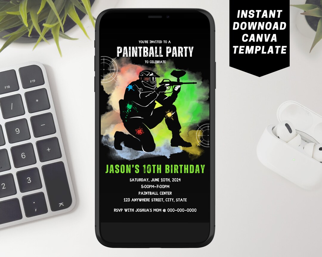 Paintball Birthday Invitation Template for Boys, Boy's Paintball Party ...