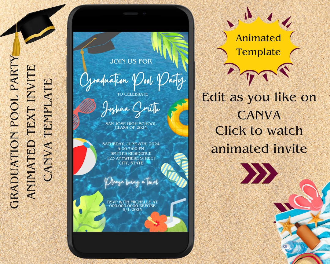 Animated Graduation Pool Party Invitation Template, Fun Pool Party ...