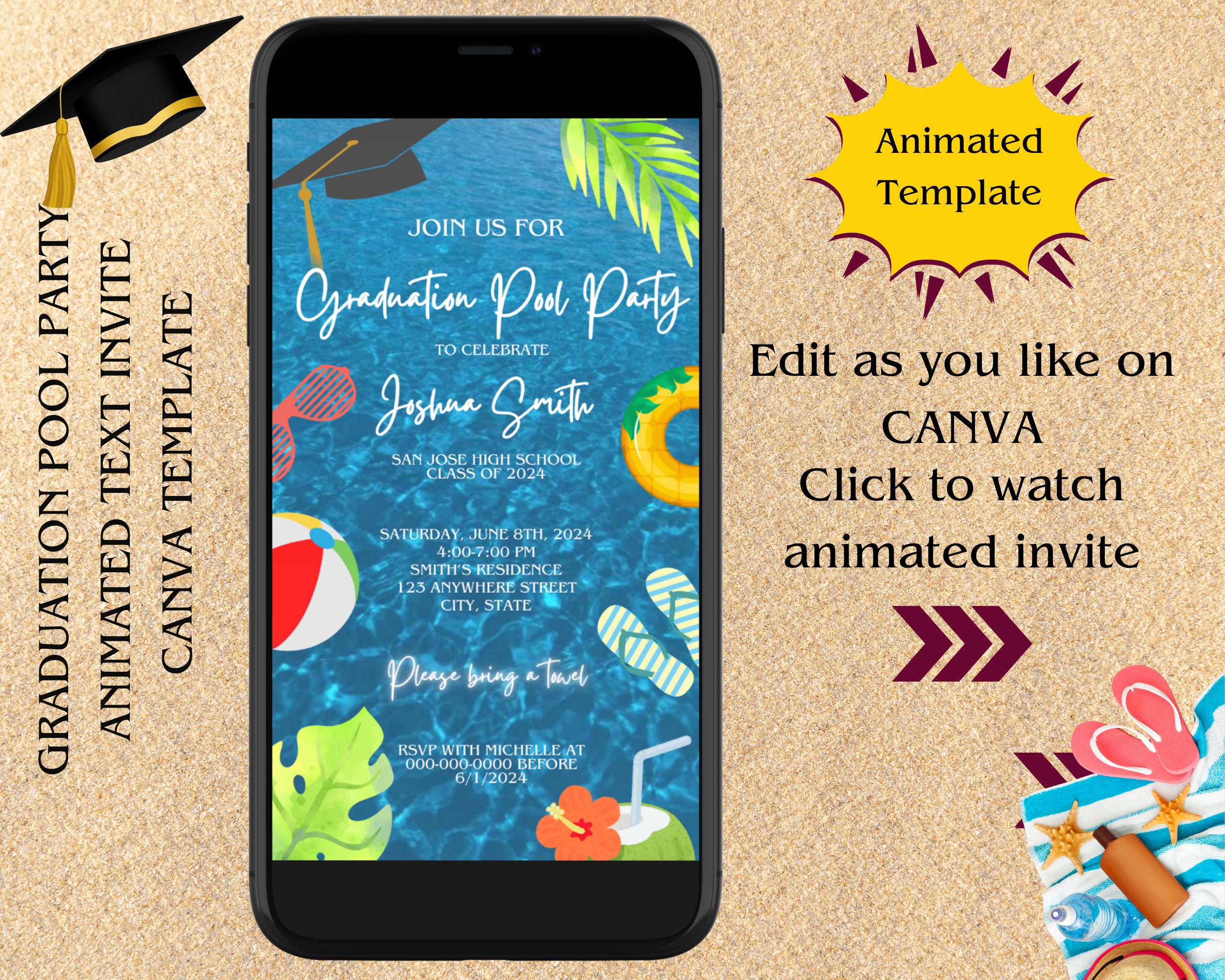Animated Graduation Pool Party Invitation Template, Fun Pool Party ...