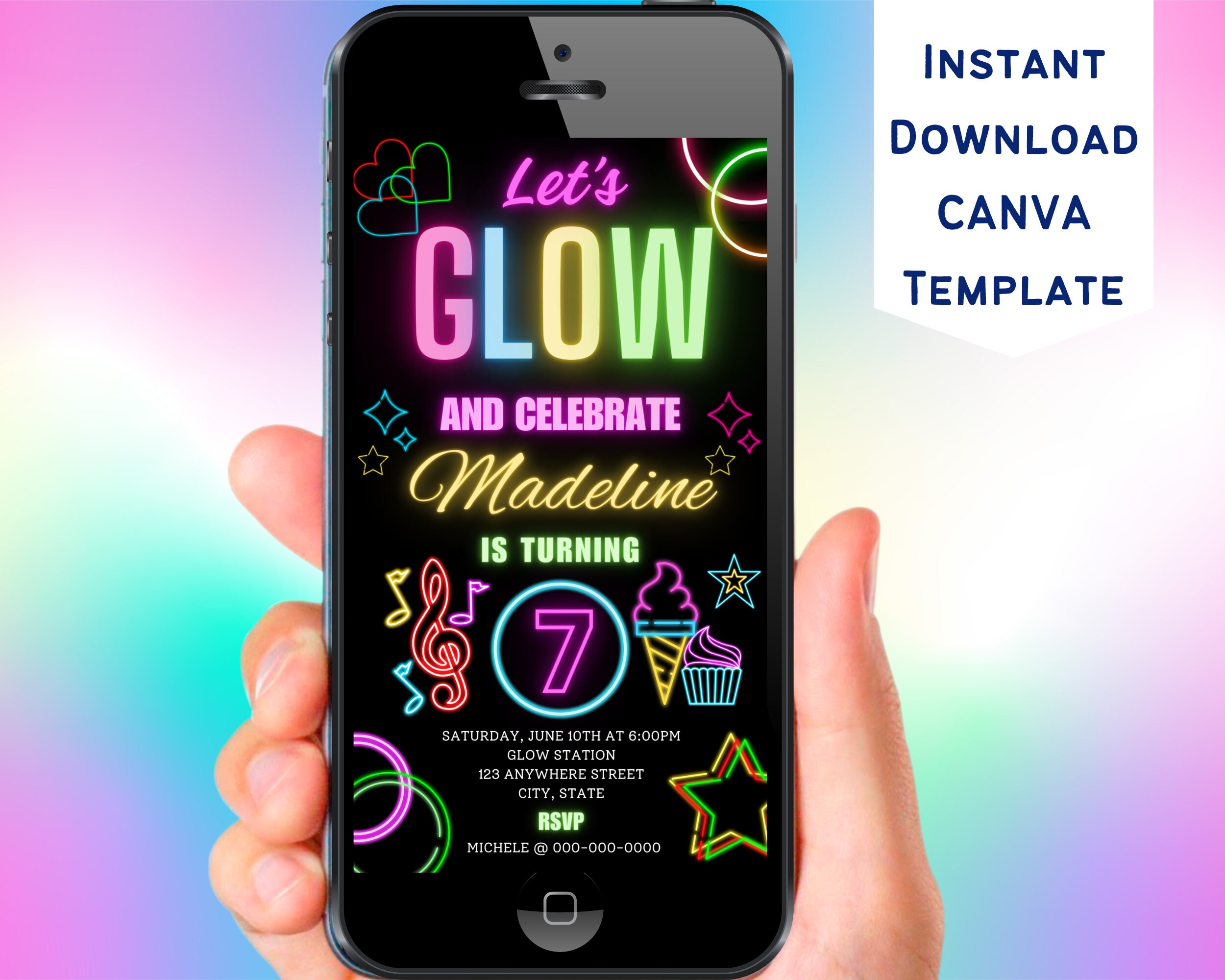 Editable Neon Glow Party Invitation Template, Glow in the Dark Party ...