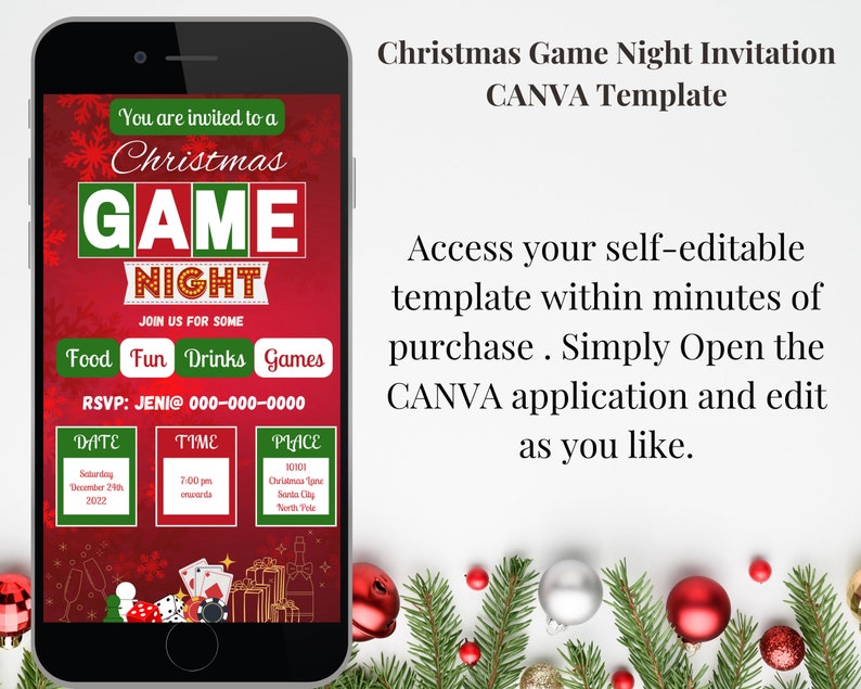 Digital Christmas Game Night Invitation Template, Christmas Game Night ...