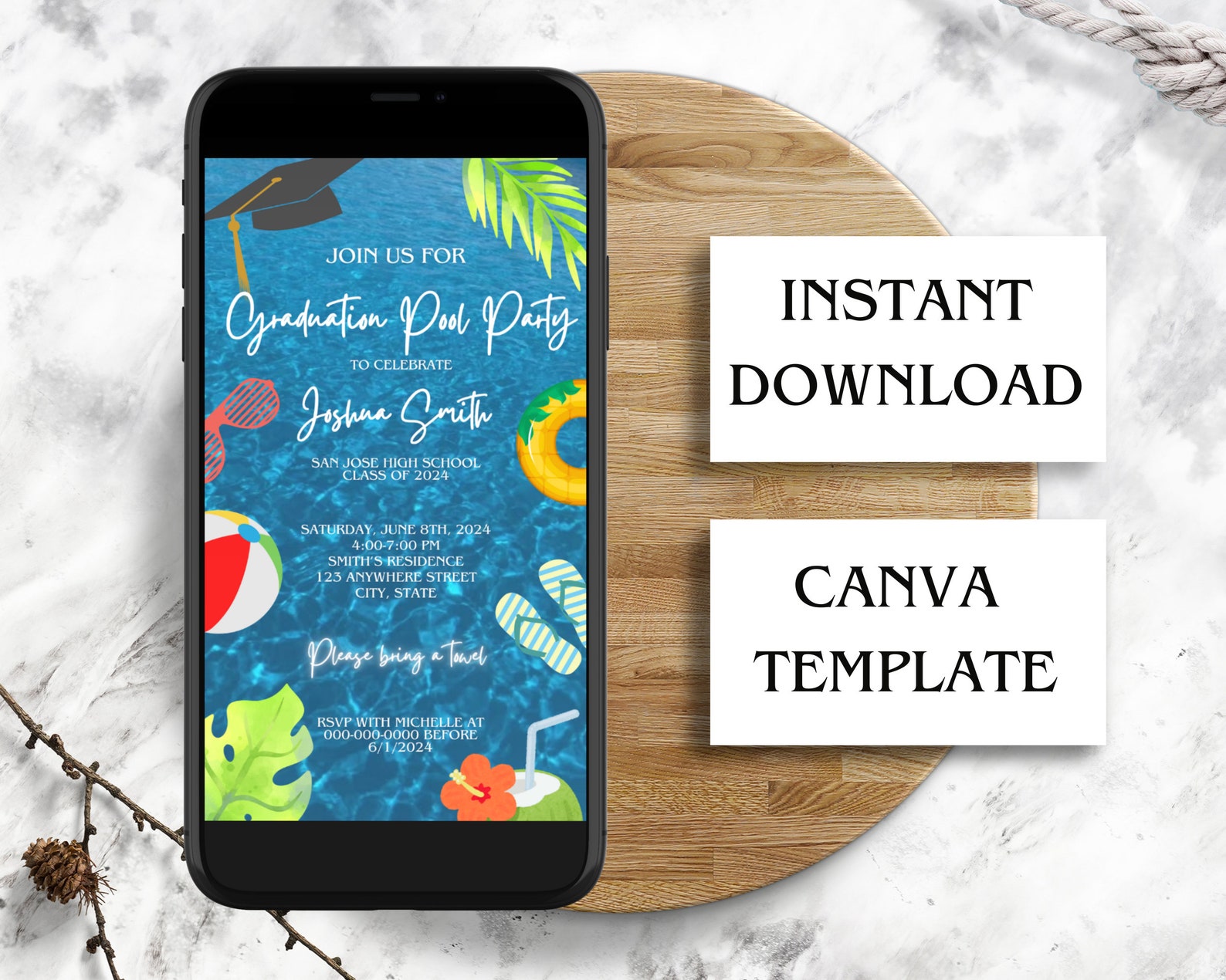 Animated Graduation Pool Party Invitation Template, Fun Pool Party ...