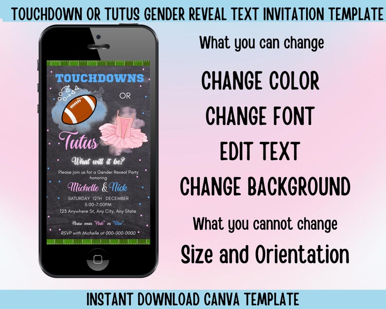 Touchdowns or Tutus Gender Reveal Invitation Canva Template, Editable ...