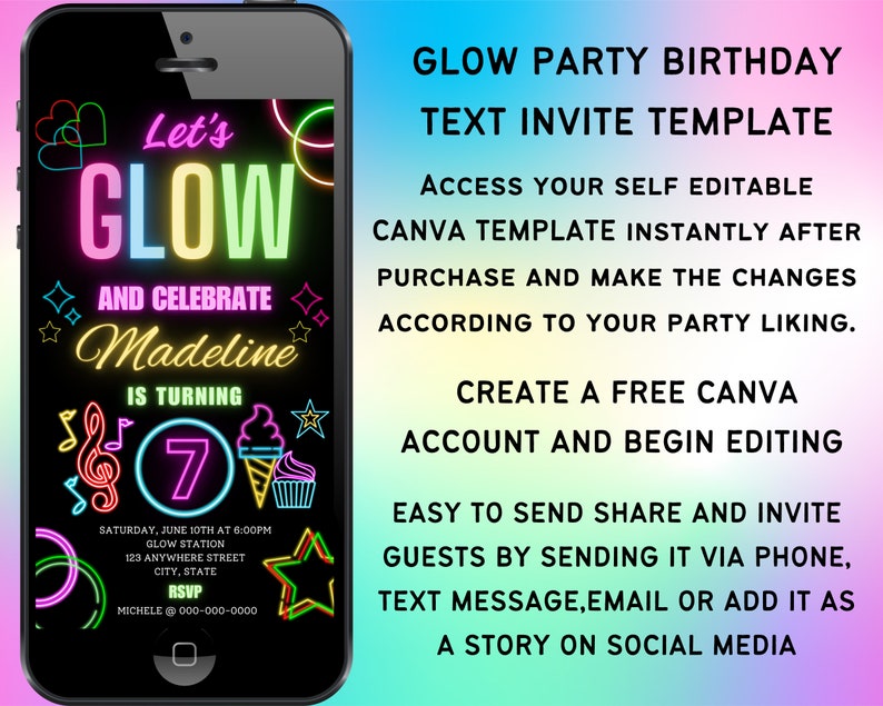Editable Neon Glow Party Invitation Template, Glow in the Dark Party ...