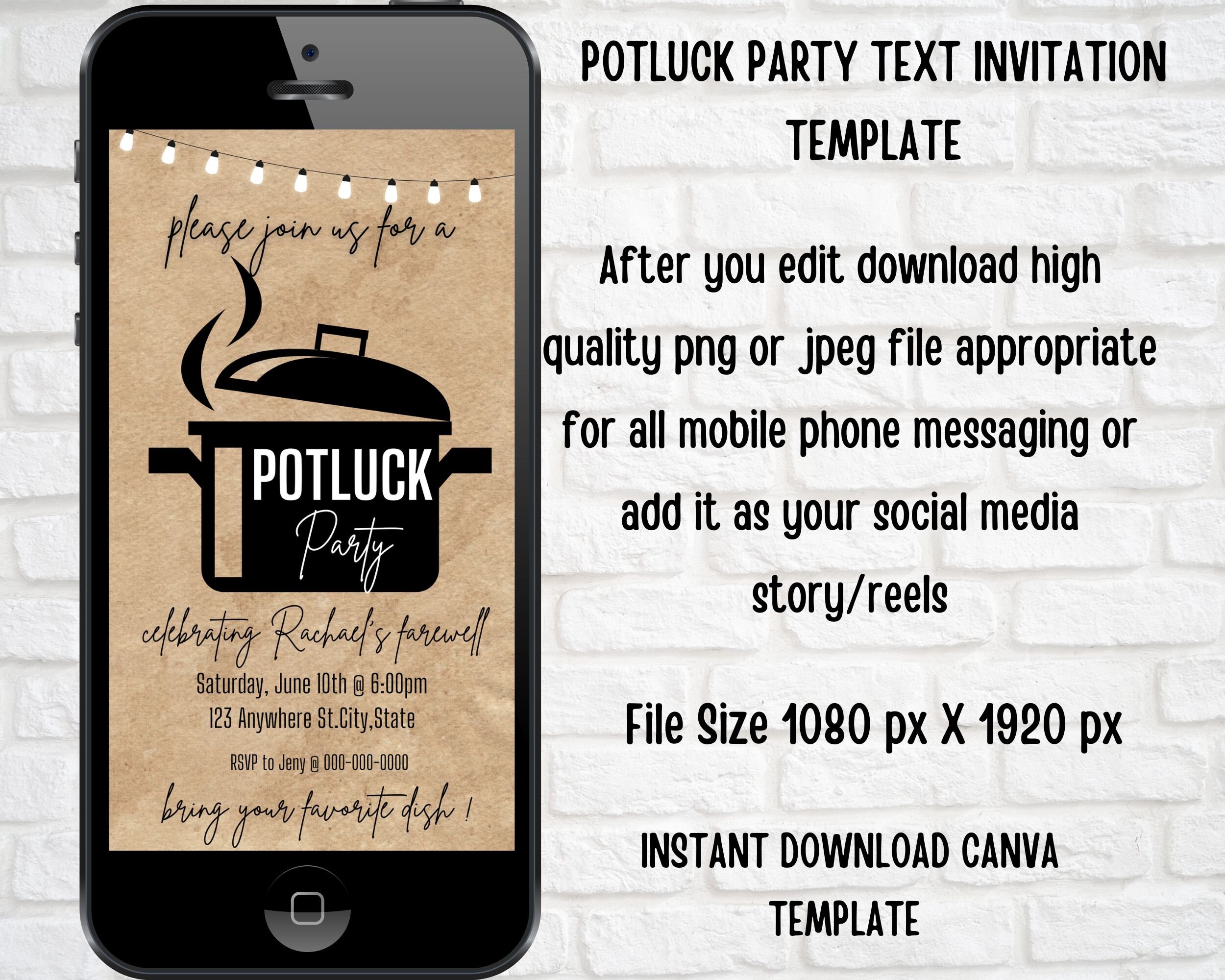 Editable Potluck Invitation Canva Template Potluck Party Invitation ...