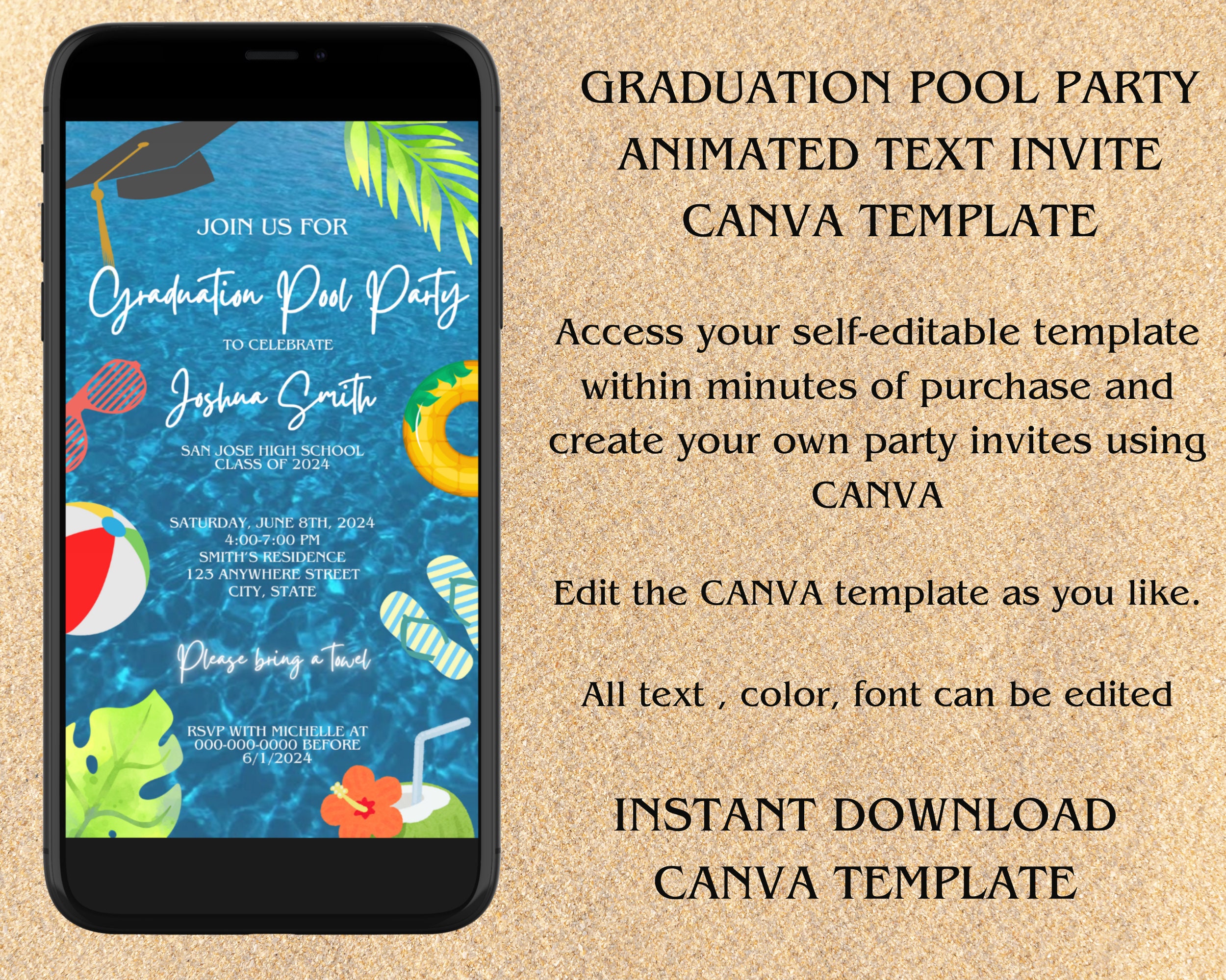 Animated Graduation Pool Party Invitation Template, Fun Pool Party ...