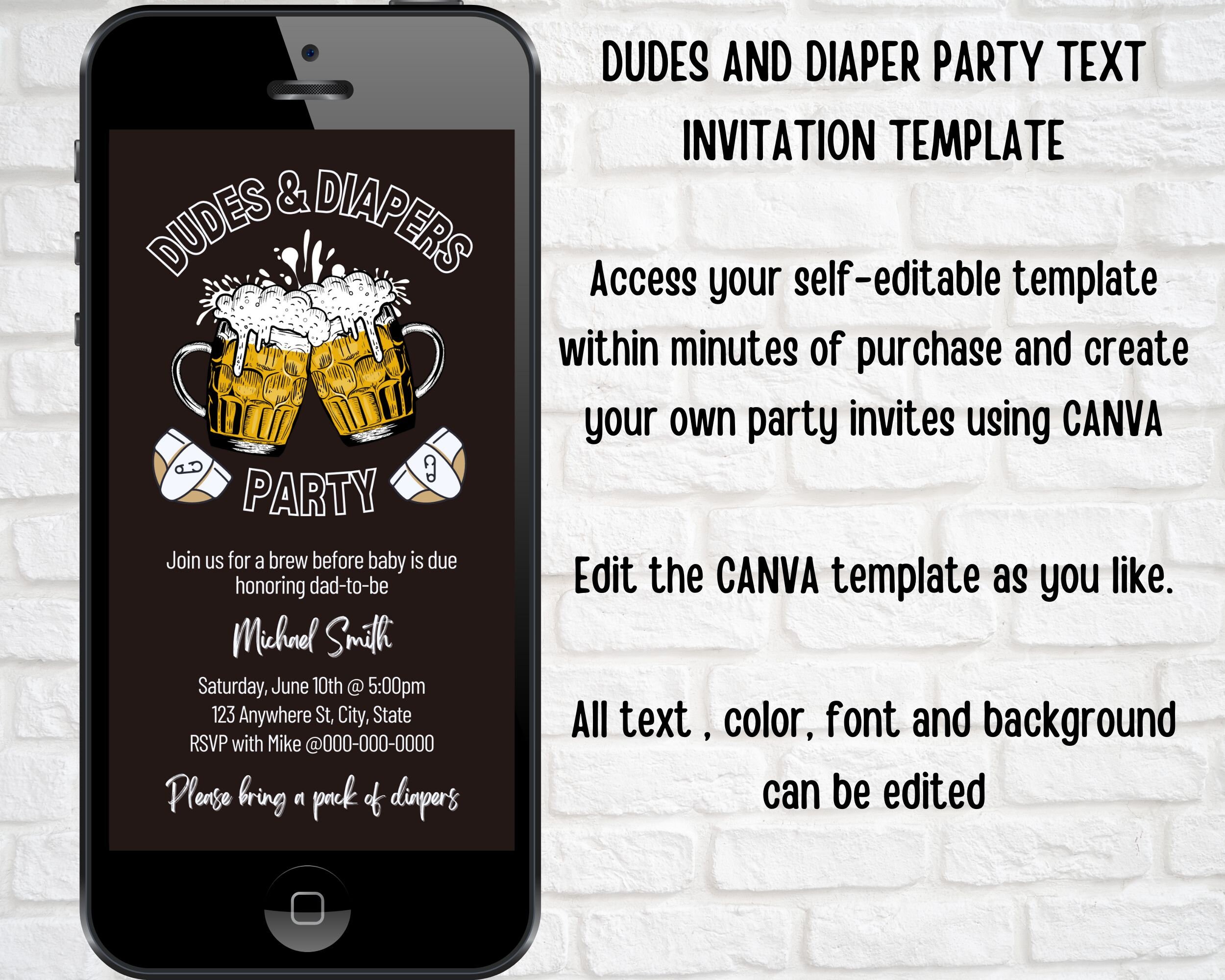 Dudes and Diapers Electronic Invitation, Text Evite, Editable Beer and ...