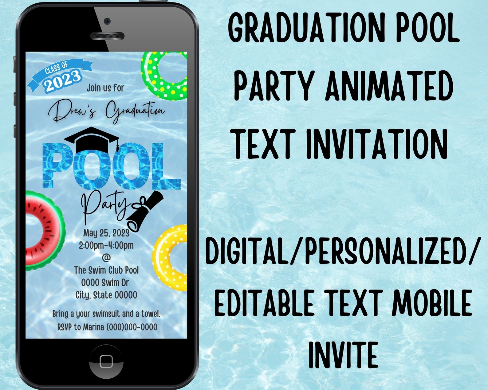 Graduation Pool Party, Animated Graduation Pool Party Invite, Class of ...