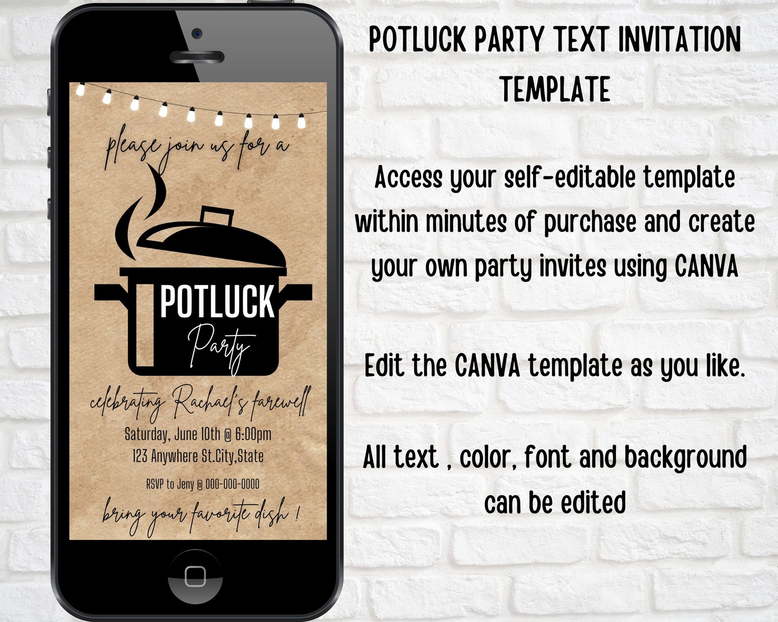 Editable Potluck Invitation Canva Template Potluck Party Invitation ...