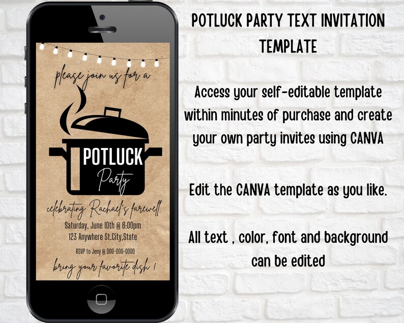 Editable Potluck Invitation Canva Template Potluck Party Invitation ...