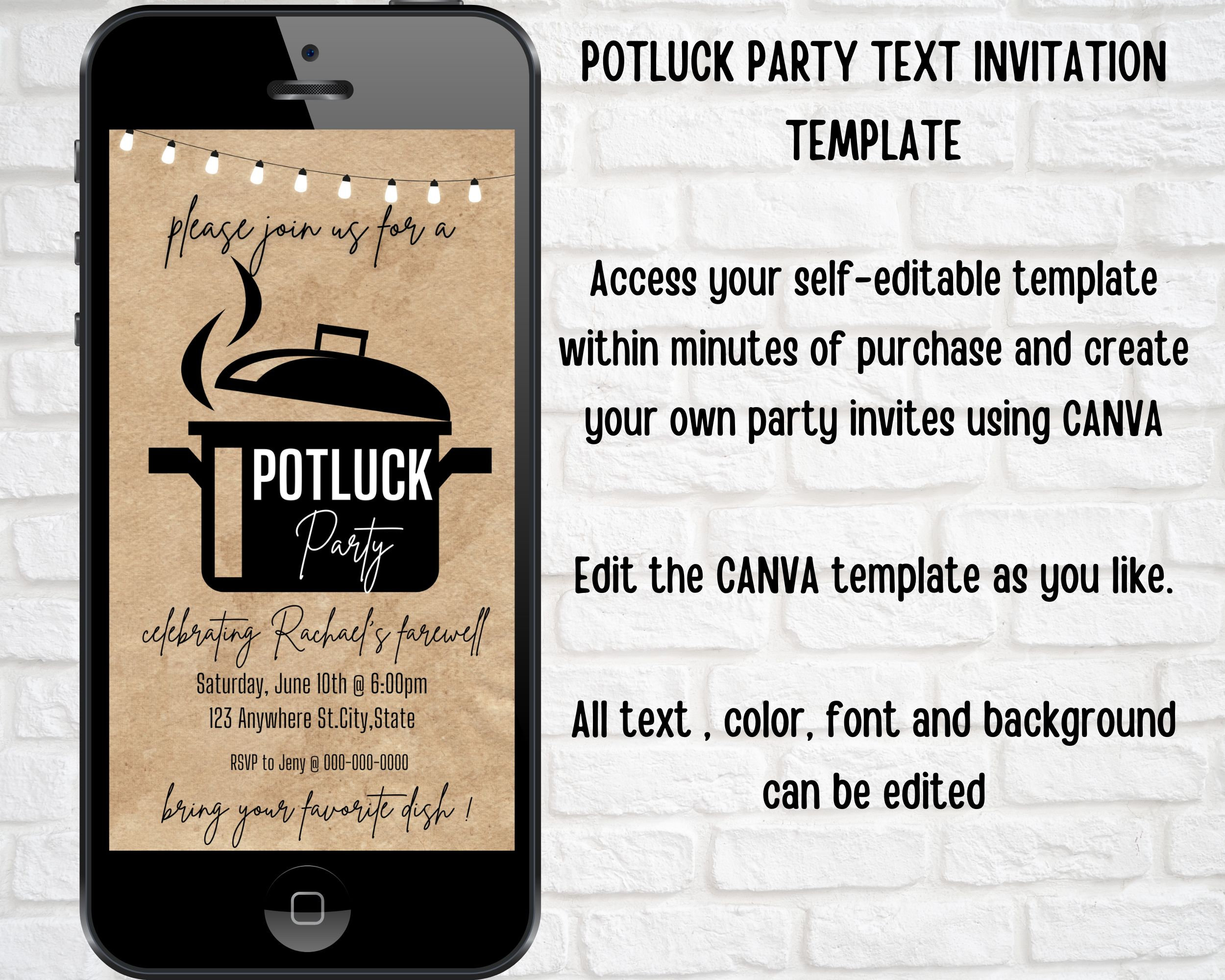 Editable Potluck Invitation Canva Template Potluck Party Invitation ...