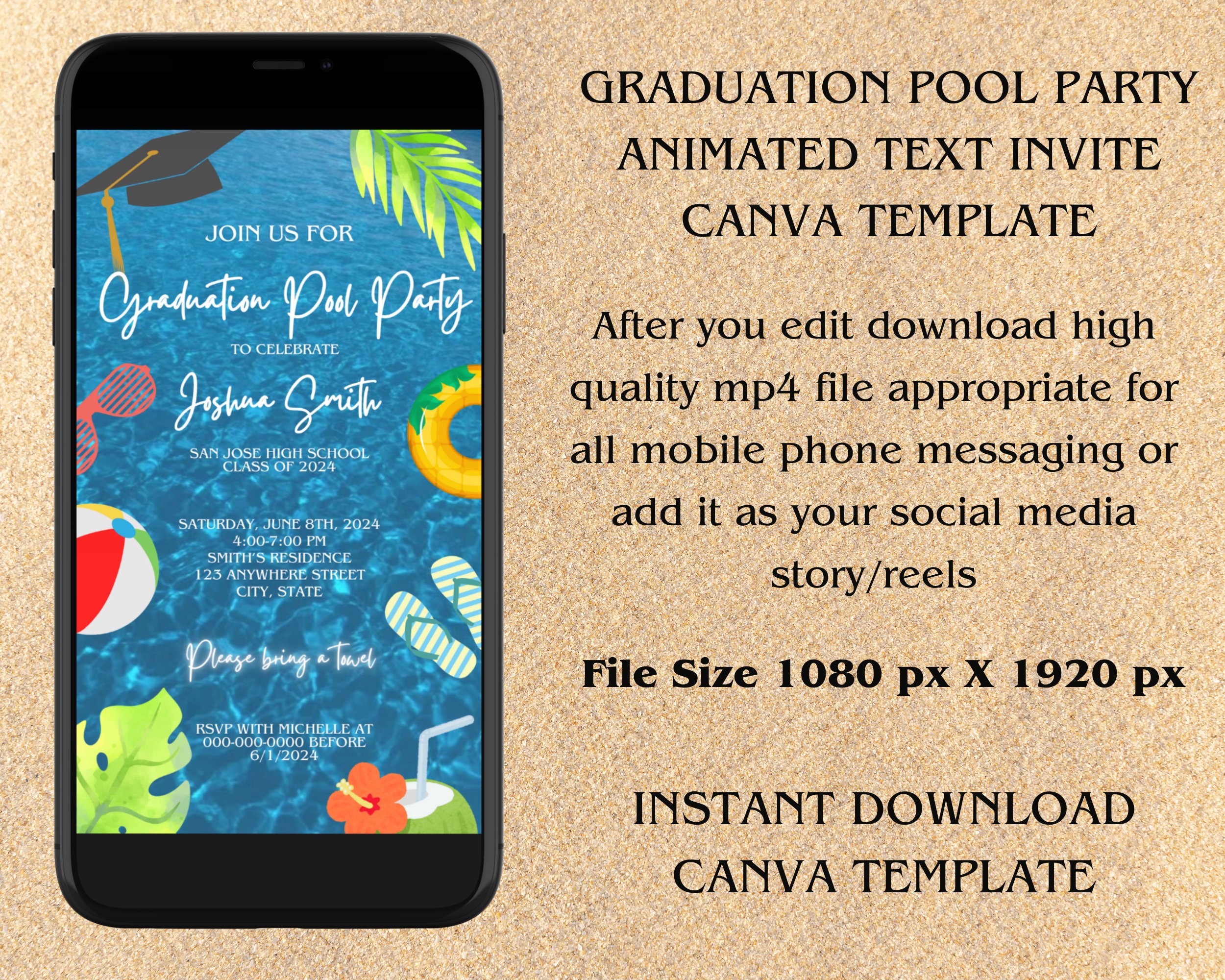 Animated Graduation Pool Party Invitation Template, Fun Pool Party ...