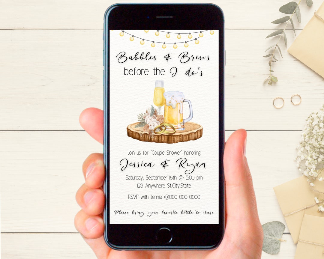 Boho Style Couple Shower Invitation, Bubbles & Brews Invitation, Rustic ...