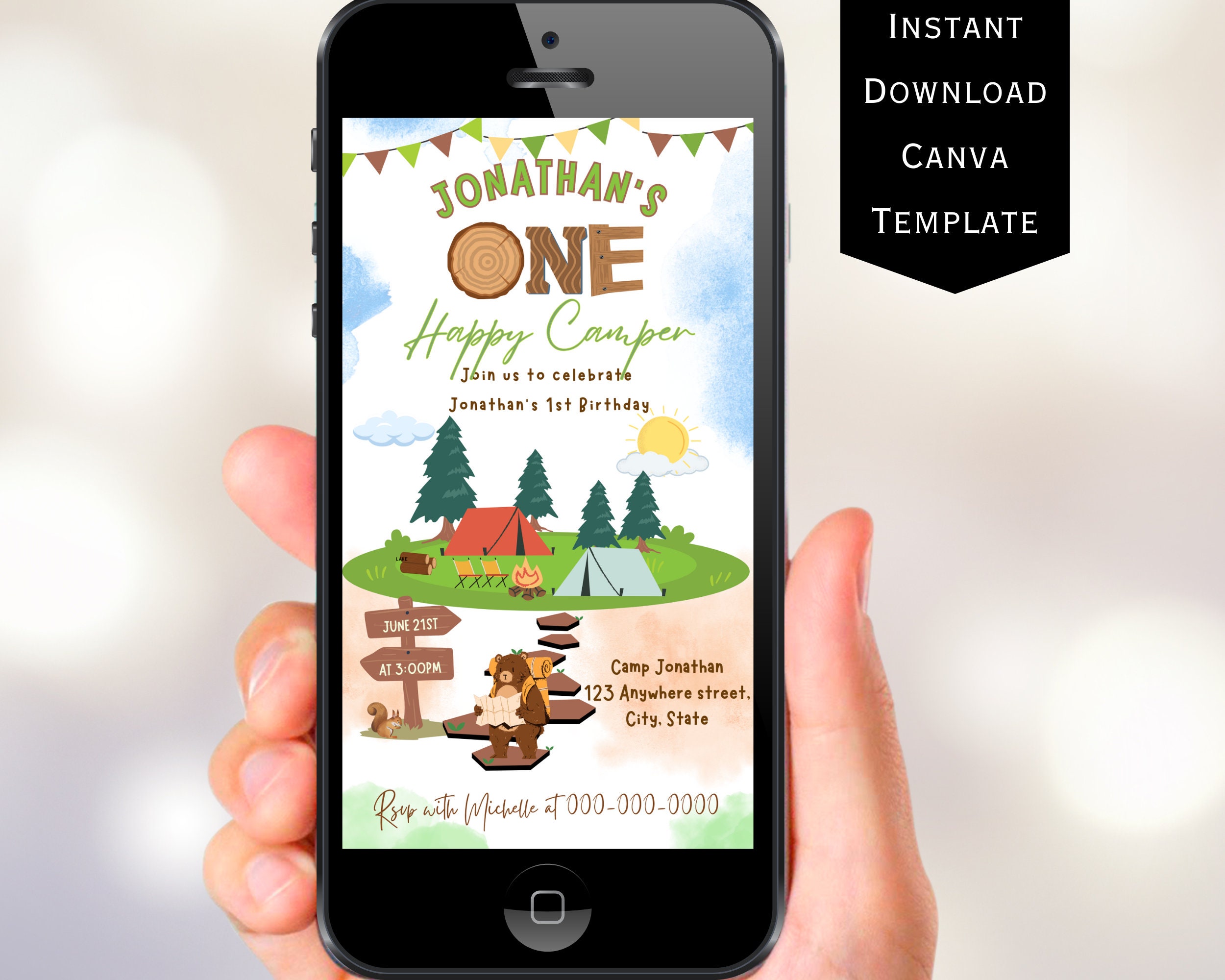 Editable One Happy Camper 1st Birthday Invitation | Rustic Little ...