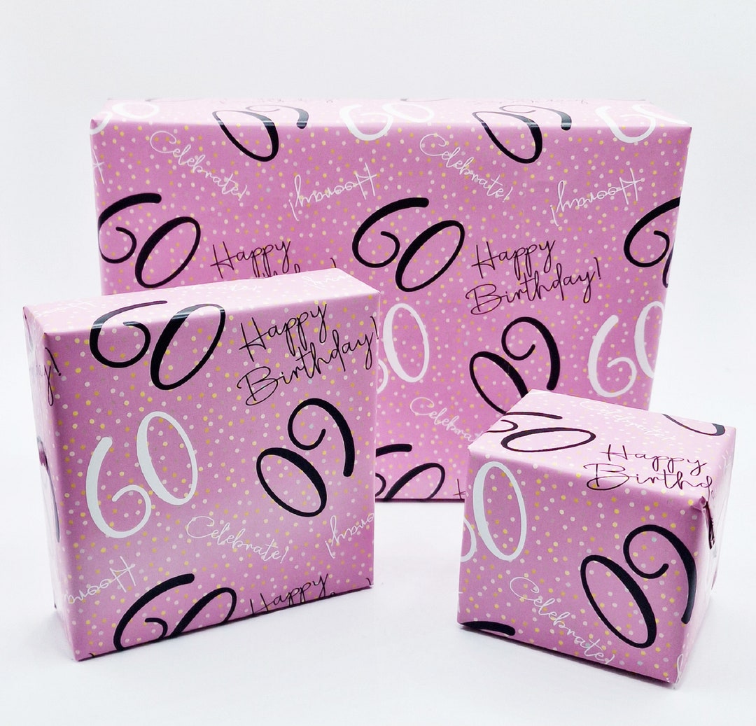 2 Sheets 60th Happy Birthday Celebrate Hooray Pink Female Wrapping ...