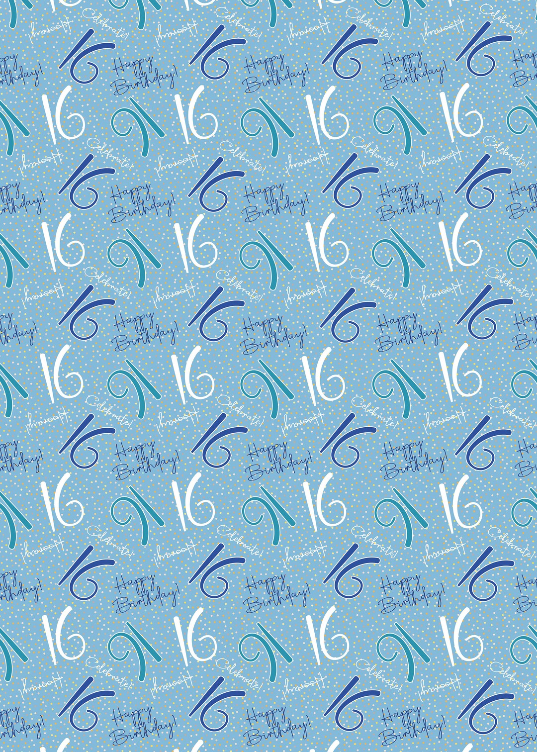 2 Sheets 16th Happy Birthday Celebrate Hooray Blue Male Wrapping Paper ...