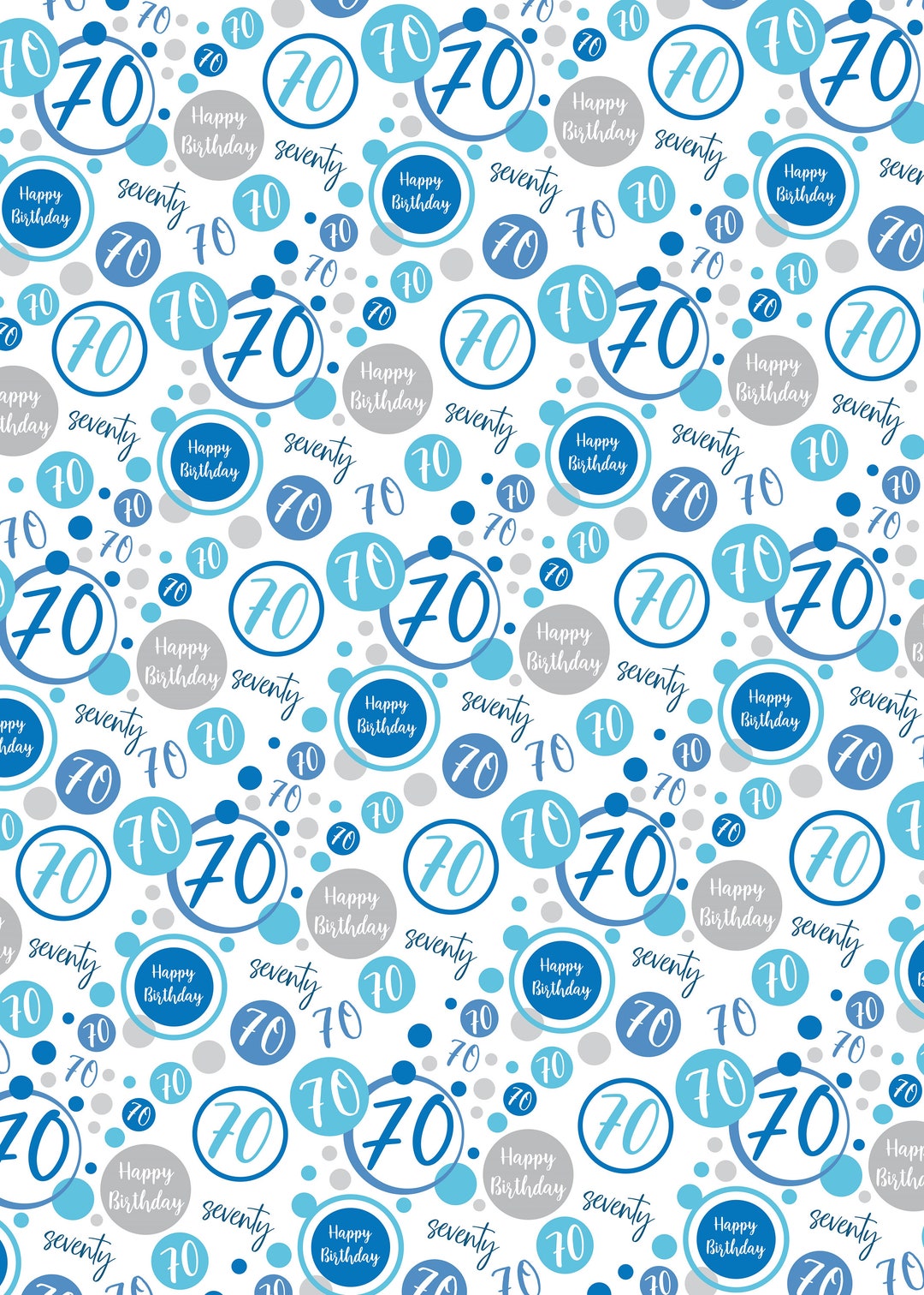 2 Sheets 70th Birthday Wrapping Paper Age 70 Birthday White and Blue ...