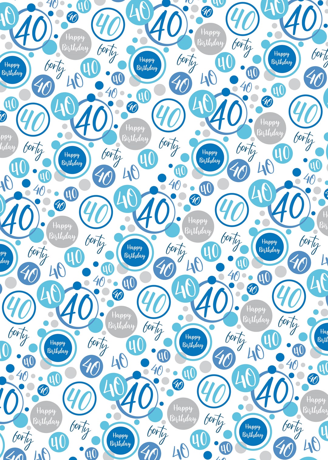 2 Sheets 40th Birthday Wrapping Paper Age 40 Birthday White and Blue ...