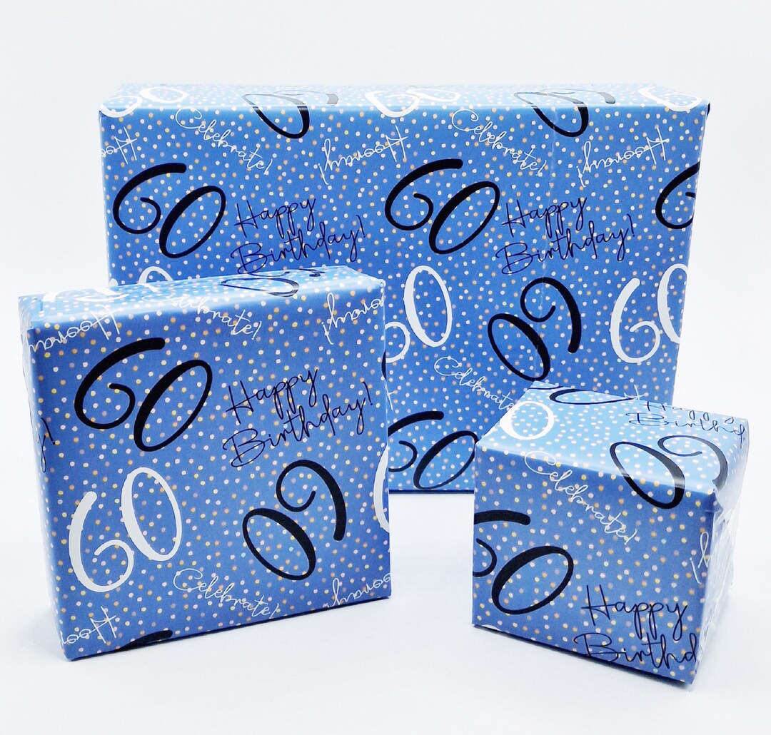 2 Sheets 60th Happy Birthday Celebrate Hooray Blue Male Wrapping Paper ...