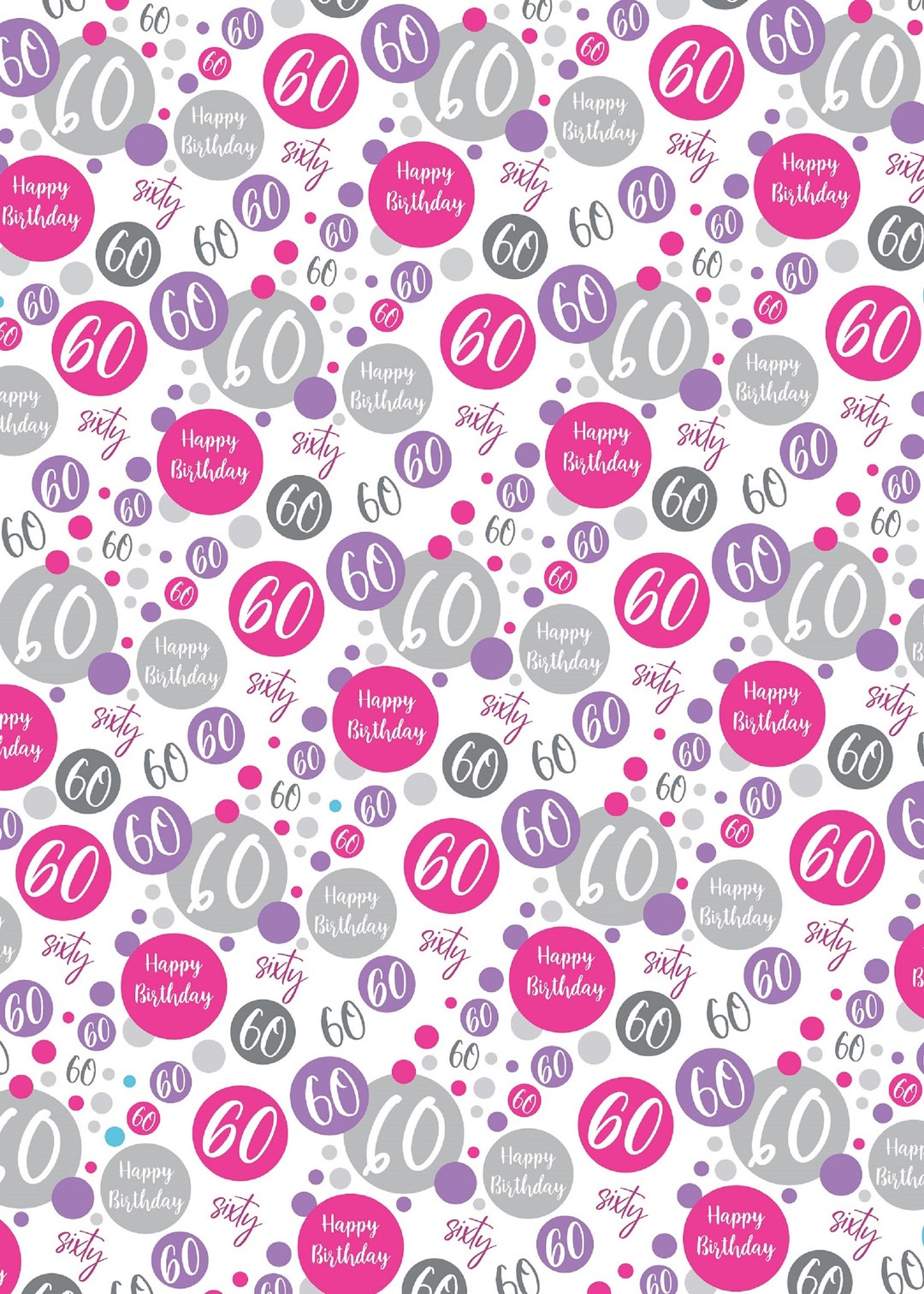 2 Sheets 60th Birthday Wrapping Paper Age 60 Birthday White and Pink ...