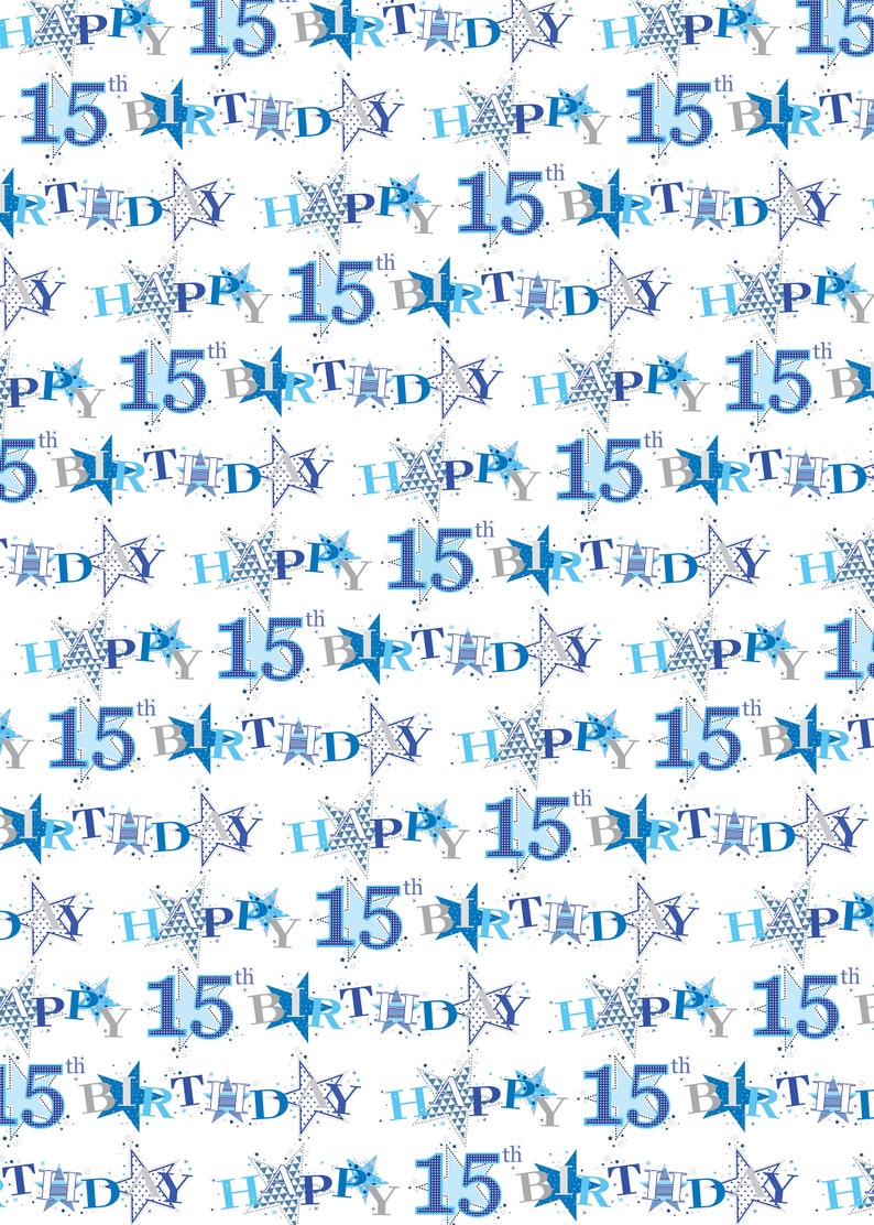 2 Sheets 15th Birthday Boy Star Shape Design Wrapping Paper Age 15 ...