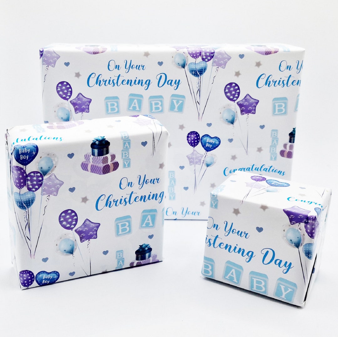 2 Sheets on Your Christening Day Blue Balloons Design Wrapping Paper ...