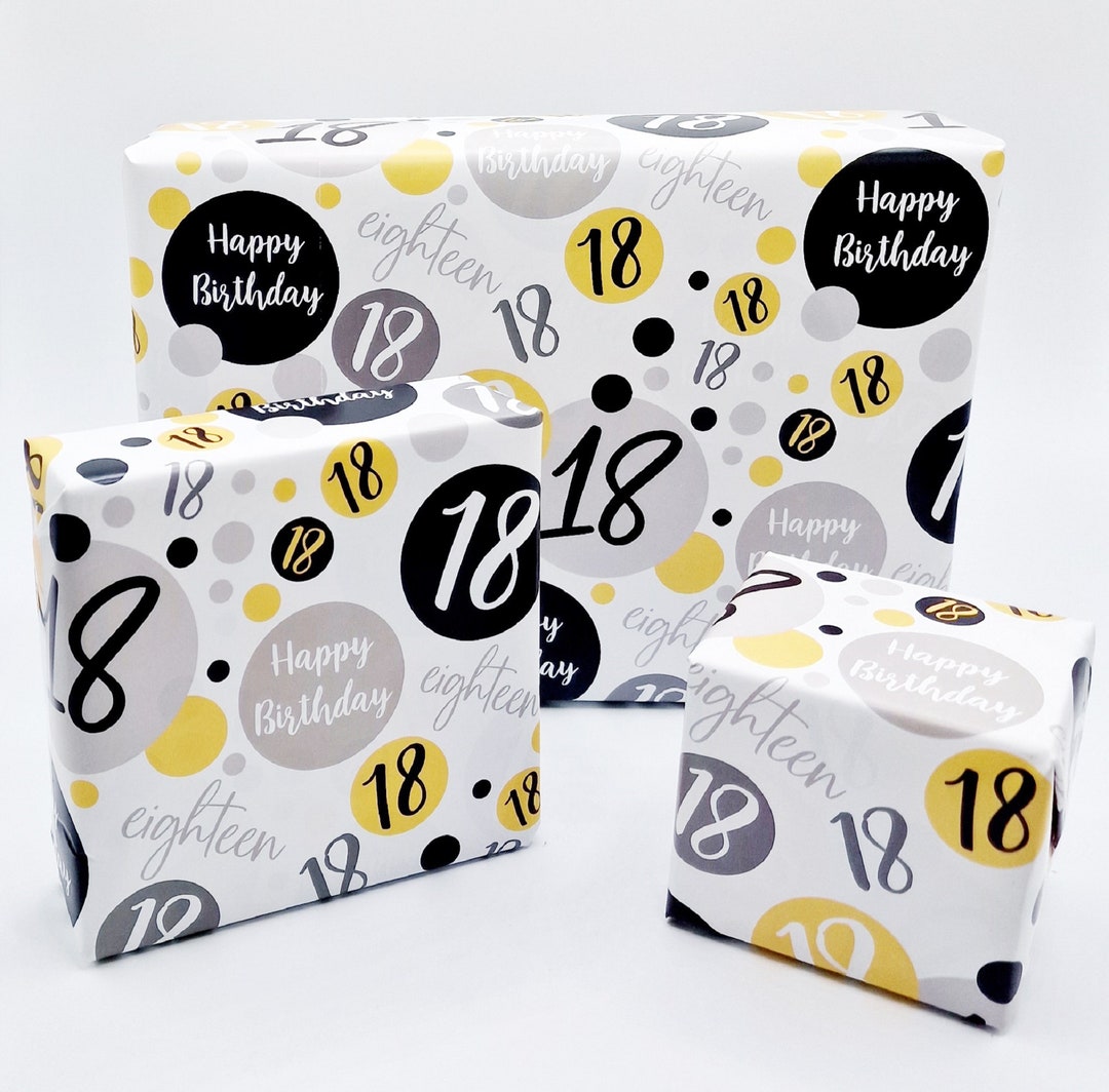 2 Sheets 18th Birthday Unisex Wrapping Paper Age 18 Birthday Black Gold ...