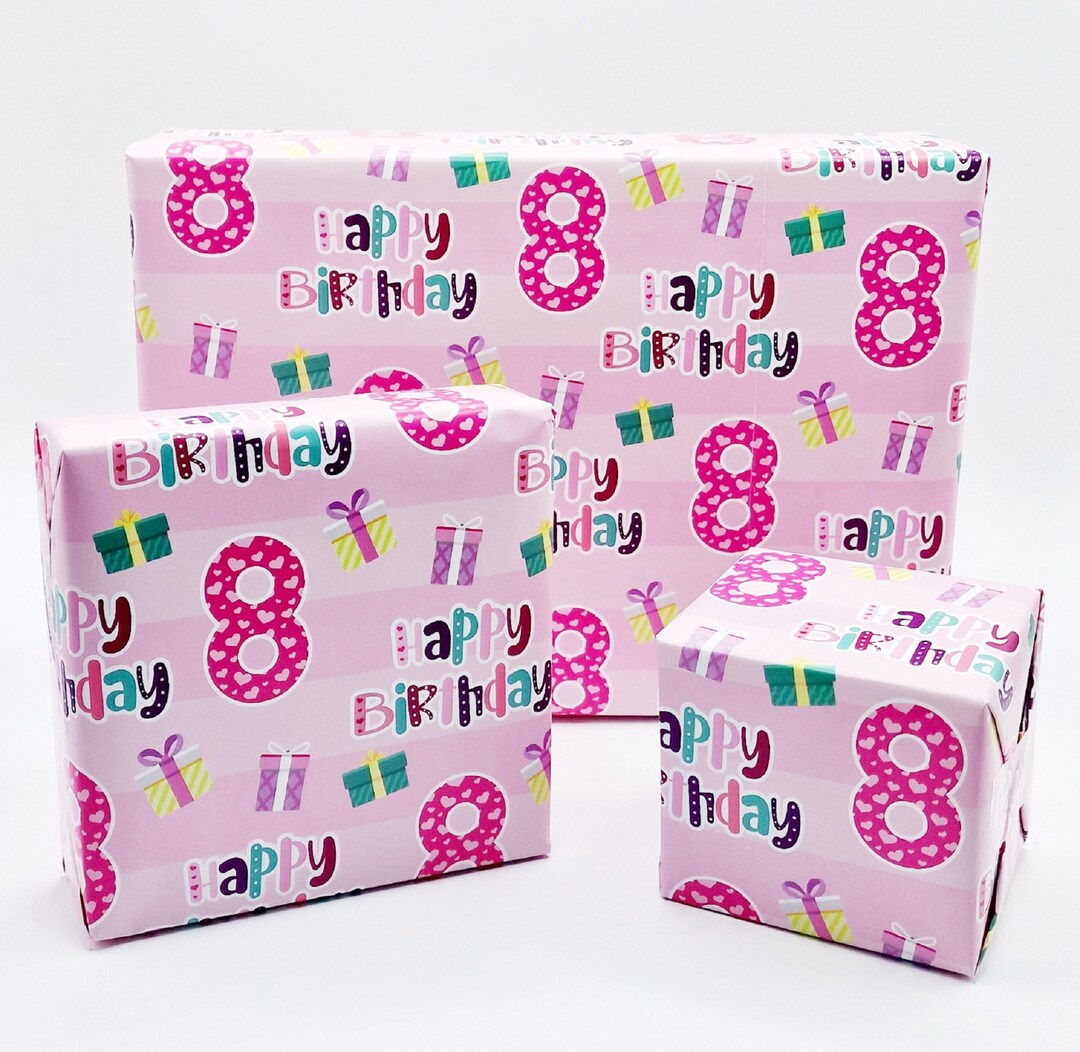 2 Sheets 8th Birthday Girl Wrapping Paper Age 8 Cute Birthday High ...