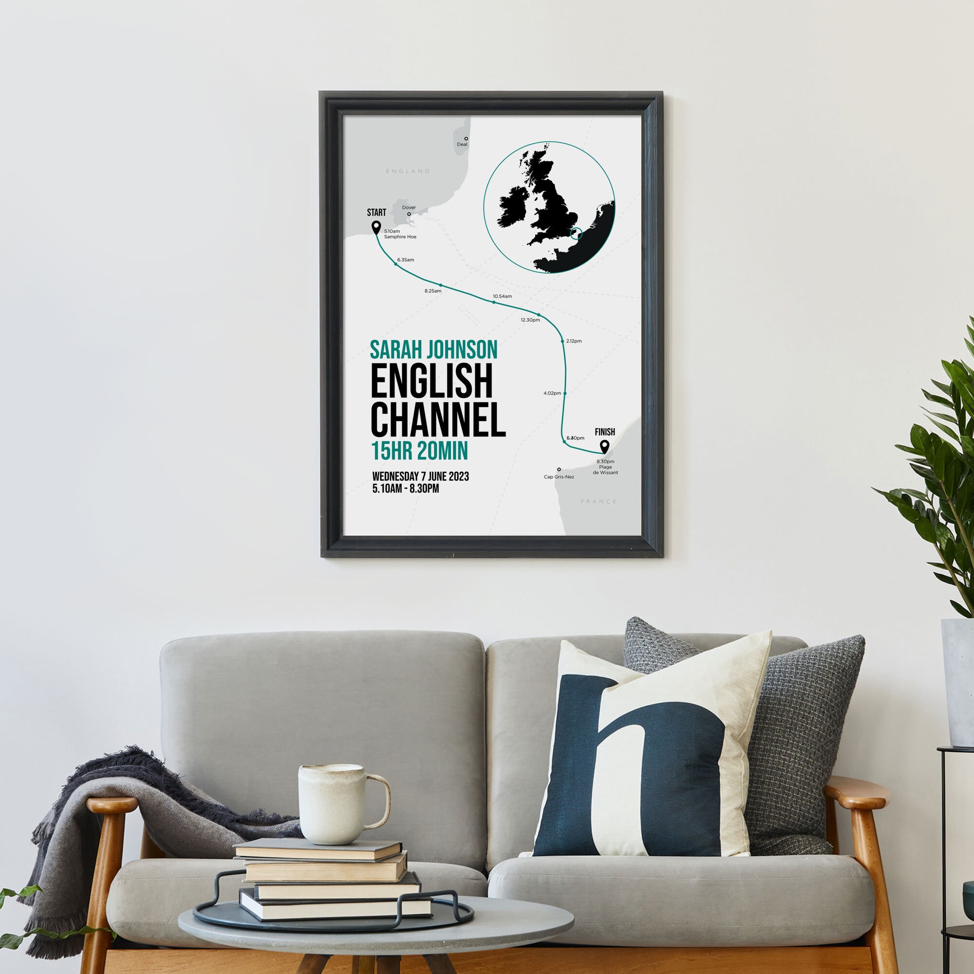 Cross Channel Swim Personalised Art Print: Custom England to France ...