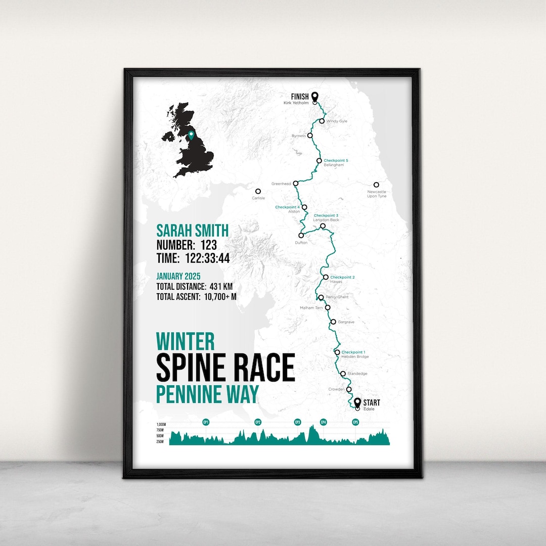 The Spine Race - Pennine Way Map Personalised Art Print / Custom Giclee ...