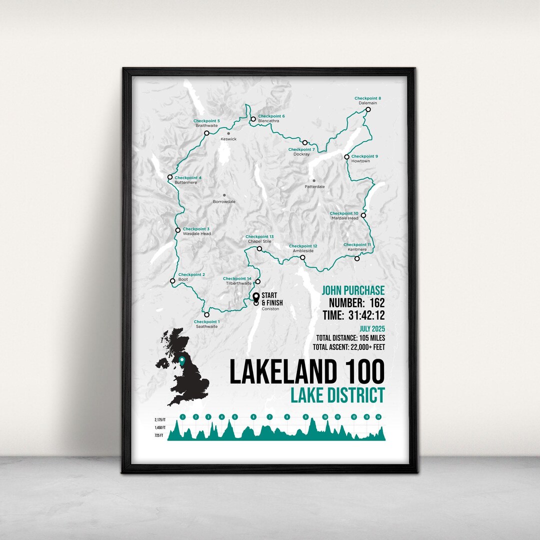 Lakeland 100 and 50 Ultra Marathon Personalised Art Print: Custom Lake ...