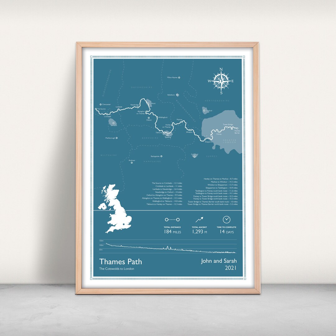 Thames Trail Path Giclee Print / Personalised Gift / UK Walking Map ...