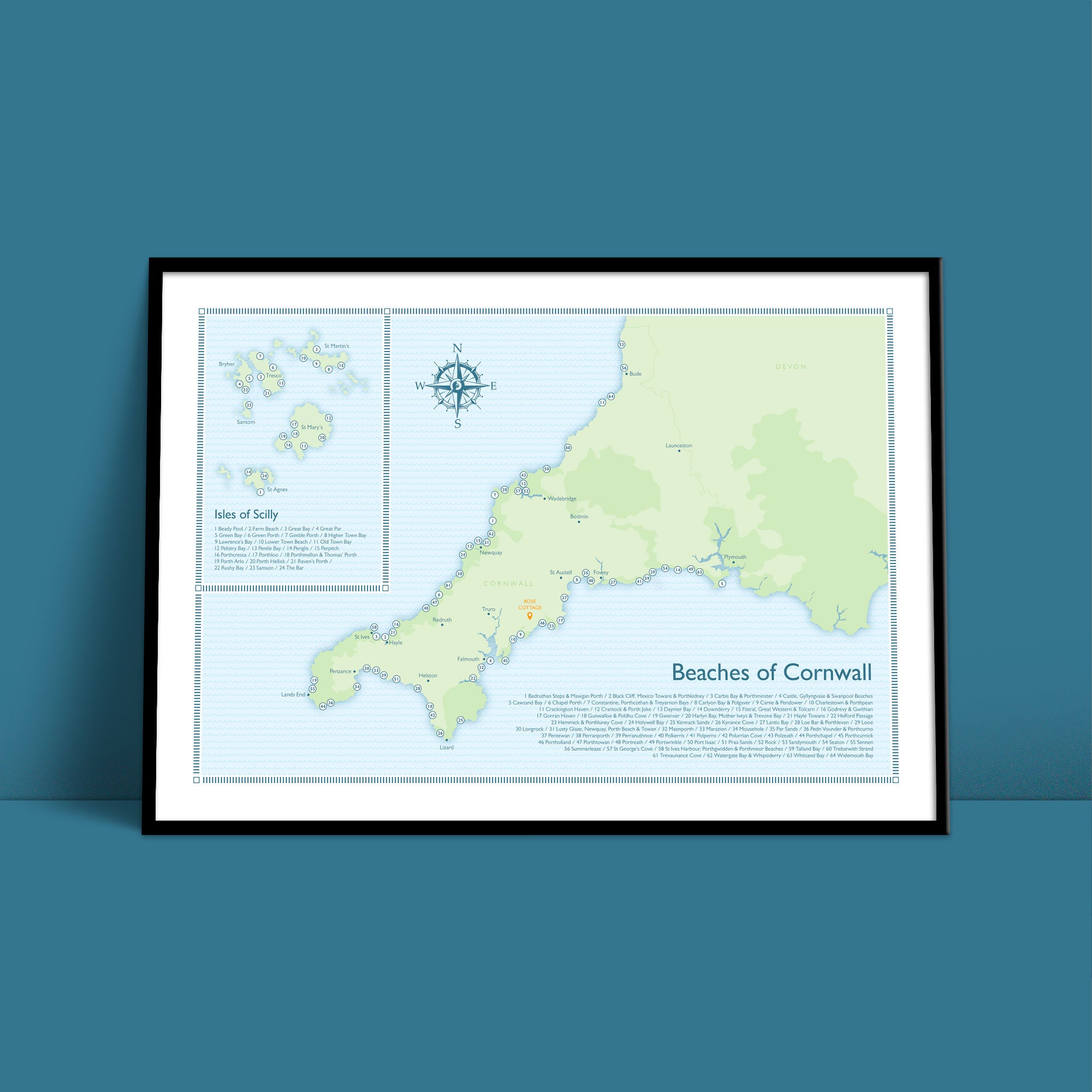Cornwall Beaches Map Art Print / Personalised Giclee Beach Map - Etsy